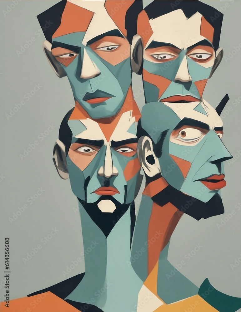 set of faces,Abstract, disfigured image: a man with multiple heads ...