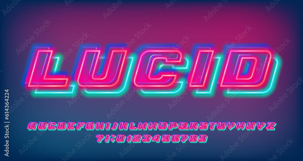 Lucid alphabet font. Bright neon color letters and numbers. Stock ...