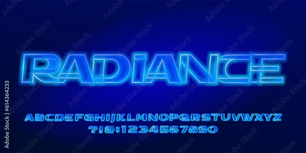 Radiance alphabet font. Blue neon color letters and numbers. Stock ...