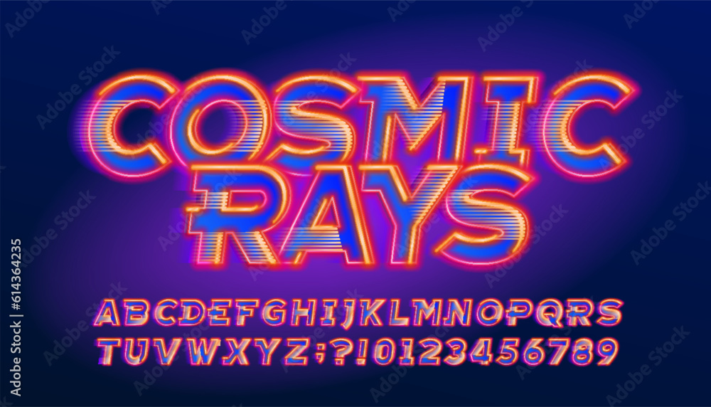 Cosmic Rays alphabet font. Neon glow letters and numbers. Stock vector ...