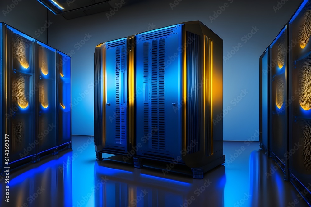 High-tech blue server rack in a server room, with black components, LED ...