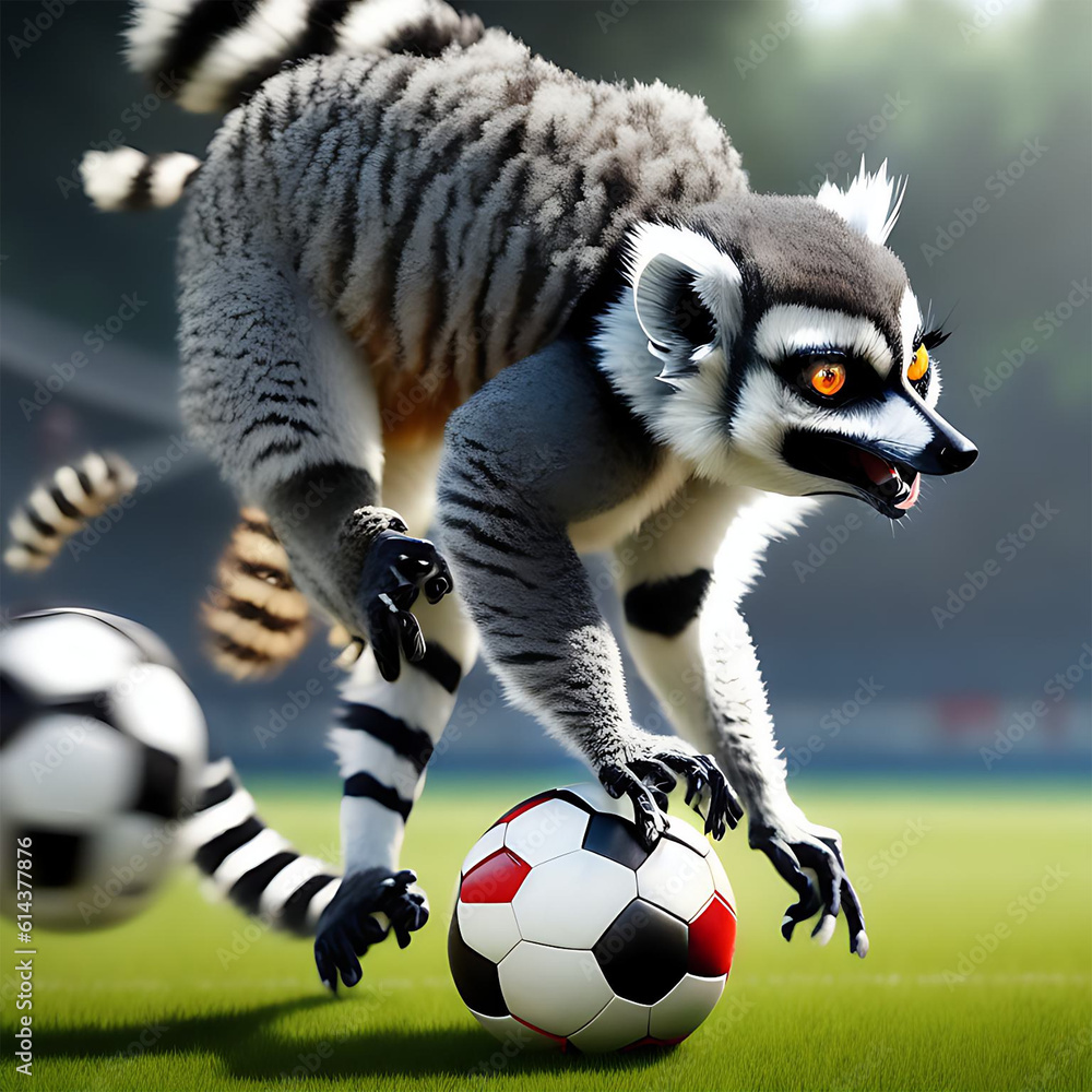 Wild ring tailed lemur playing football on green grasses at the stadium ...