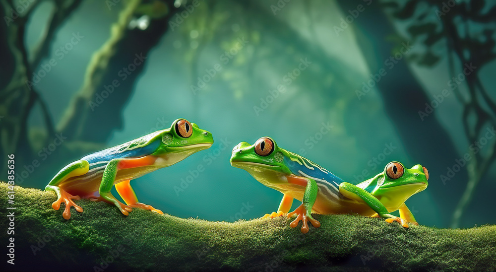The red-eyed tree frogs sit on the mossy tree trunk and bask in the ...
