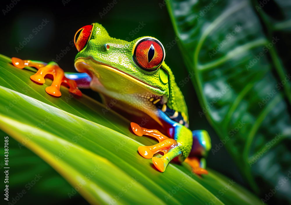 The very curious red-eyed tree frog is sitting on the green leaf and ...