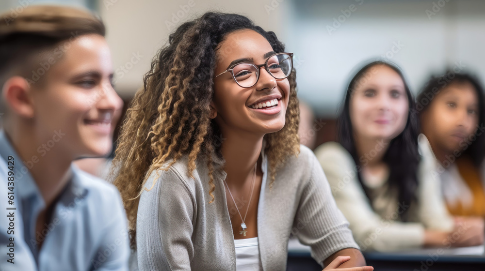 Smiling girl student participating in class in High school ilustração ...