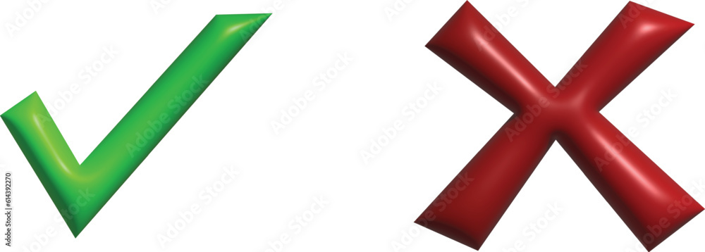Realistic glossy 3D shapes of a tick and cross on an isolated white ...