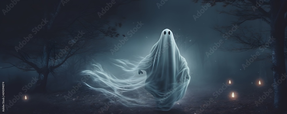 Halloween ghost in the night, forest background, foggy background ...