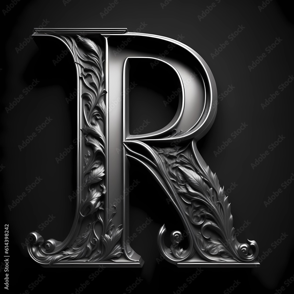 Metal letter R uppercase. 3D render font with shadow on black ...