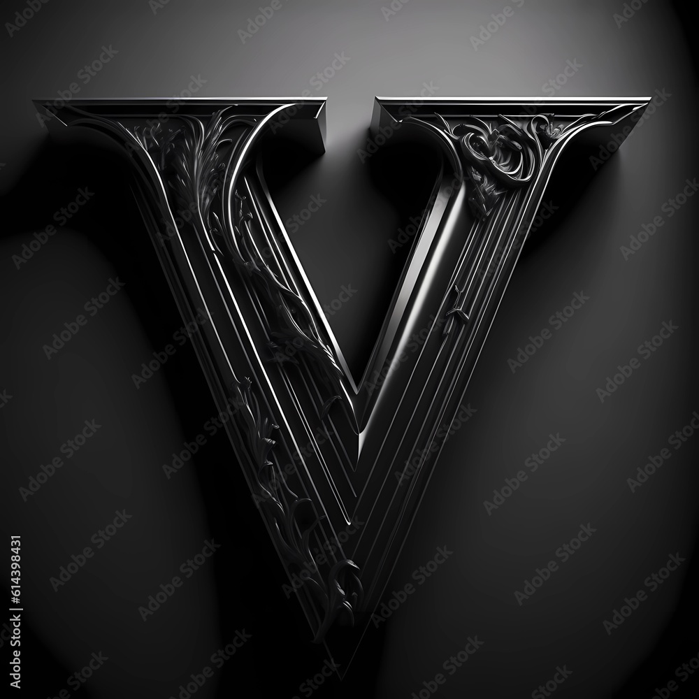 Metal letter V uppercase. 3D render font with shadow on black ...