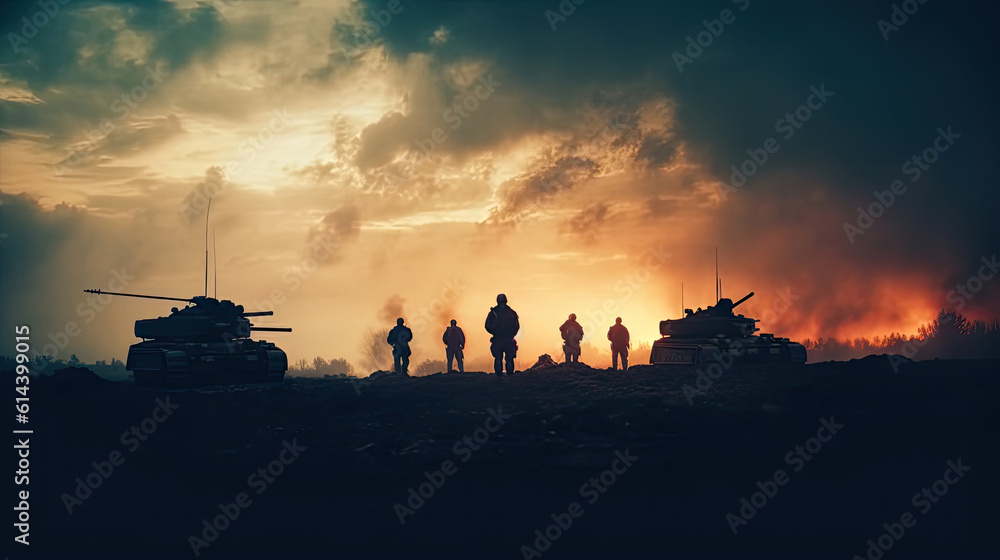 War Concept. Military silhouettes fighting scene on war fog sky ...