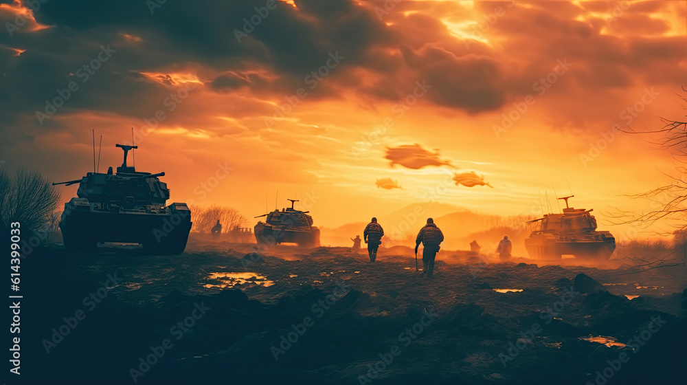 War Concept. Military silhouettes fighting scene on war fog sky ...