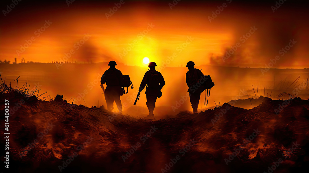 Silhouettes of army soldiers in the fog against a sunset, marines team ...