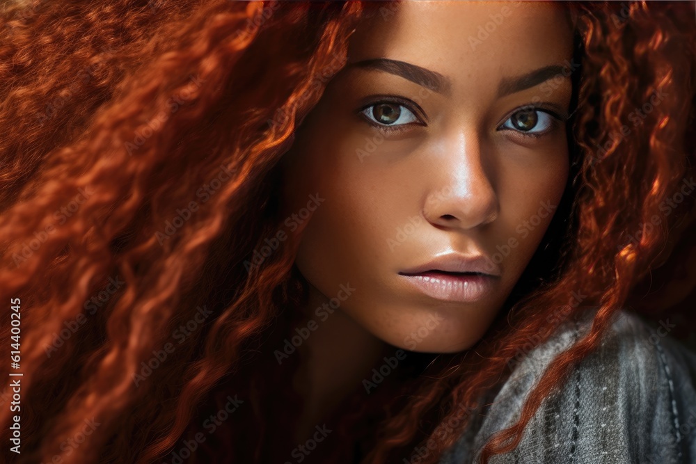 Black skin woman model with long red curly hair. African Ethnic female ...
