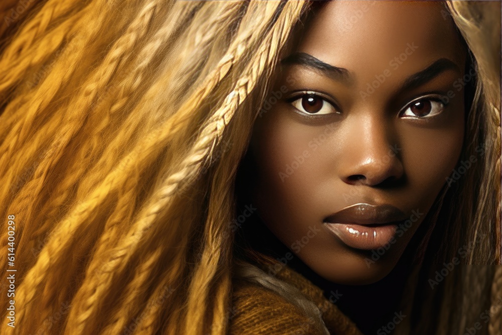 Gold hair or goldilocks. Black skin woman model with blonde braided ...
