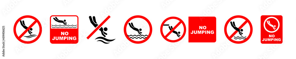 Set of no jumping in water vector labels or stickers. Ban to diving. No ...
