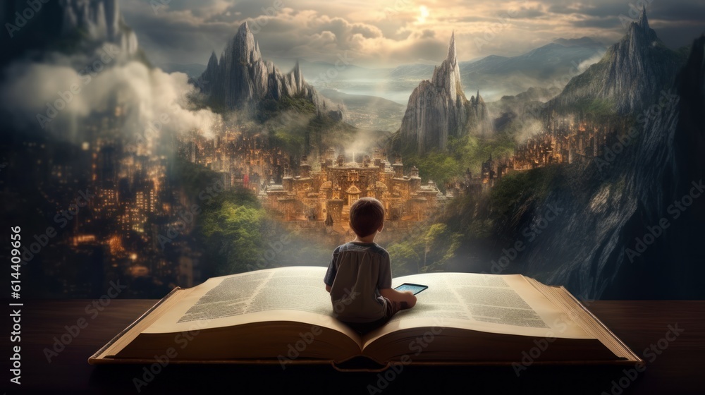 Little boy reading a book in a fantasy world. Fairy tale. AI generative ...