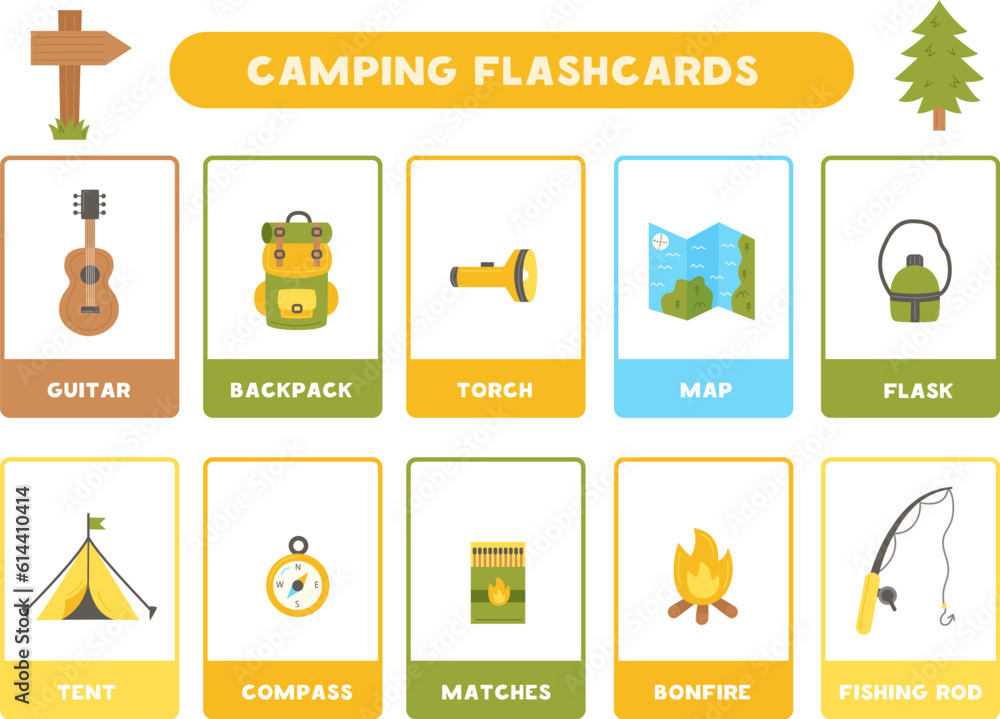 Cute camping items with names. Flashcards for learning English. Stock ...