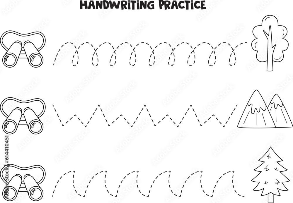 Tracing lines for kids. Cartoon binoculars and mountains and trees ...