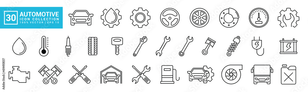 Collection of automotive icons, car, machine, garage, service tools ...