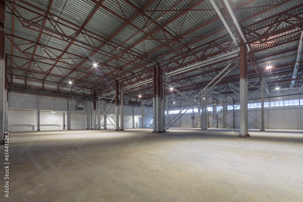 Modern design of a large empty warehouse. Warehouse premises with final ...