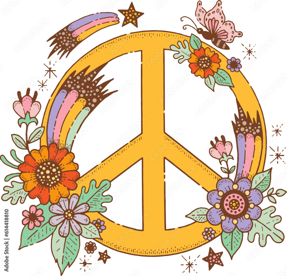Peace sign, symbol of love power in 70s and 60s. Retro icon of hippie sign with flowers ...