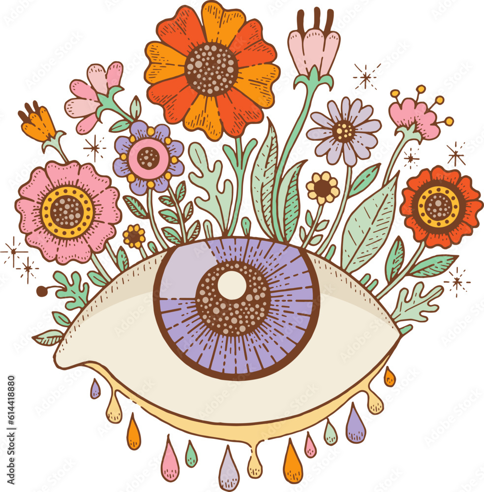Psychedelic eye retro groovy illustration with flowers, drops. Trippy ...
