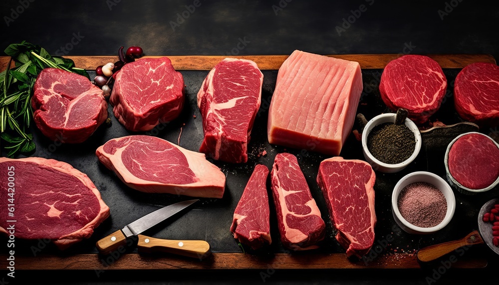Assortment of raw cuts of meat, dry aged beef steaks and hamburger ...