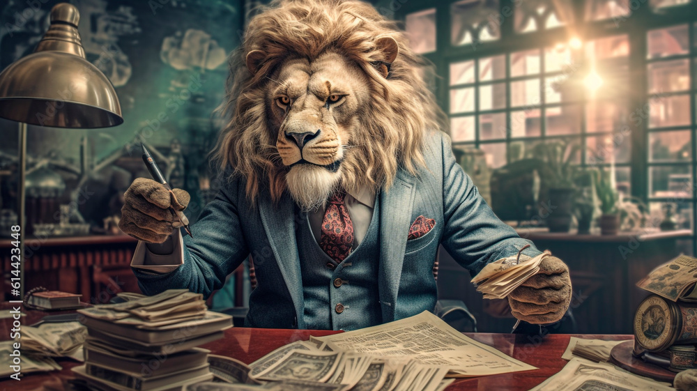 An anthropomorphic lion in a suit counts banknotes Stock Illustration ...
