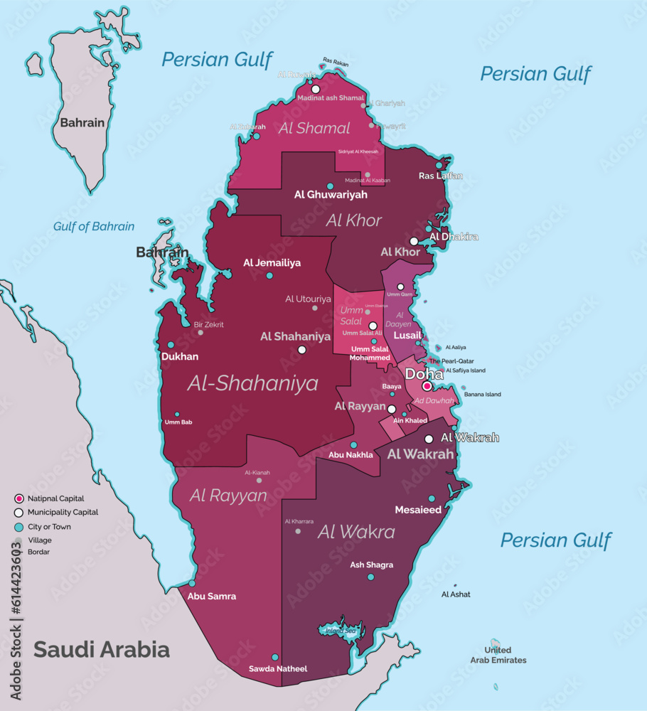 Qatar map, flat vector with high details. Qatar administrative map with ...