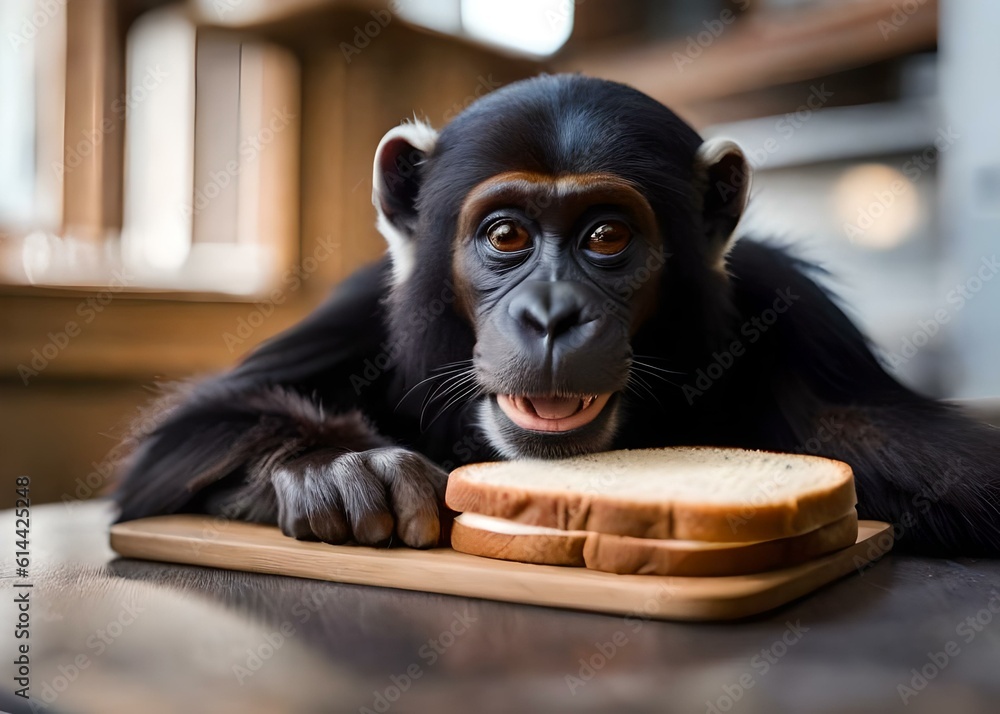 Chimpanzee eating sandwich food in the kitchen, portrait using ...