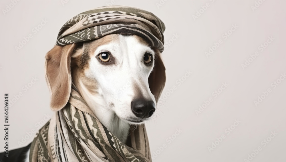 Cute Arabian Saluki with keffiyeh wrapped around head, on studio ...