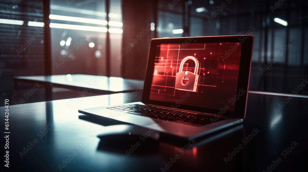 laptop on desk in modern office with red glow and a padlock on the ...