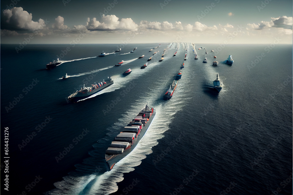 Fleet of cargo ships sailing ocean. Container nautical vessels with ...