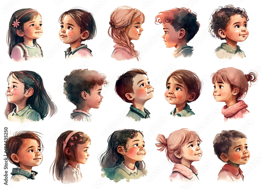 Set of cute children faces, portraits in side profile, kids turning ...