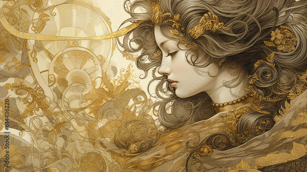 Illustration of a Woman with Graceful Swirls. The drawing depicts a ...