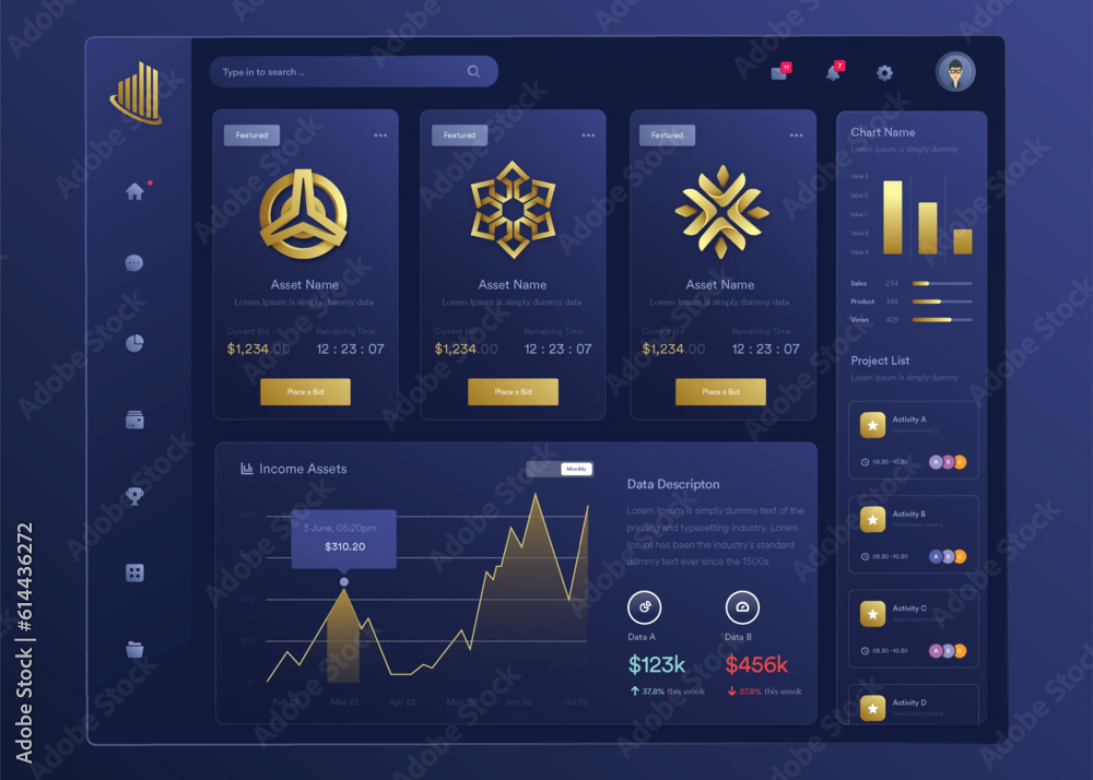 Infographic NFT dashboard. UI design with graphs, charts and diagrams ...