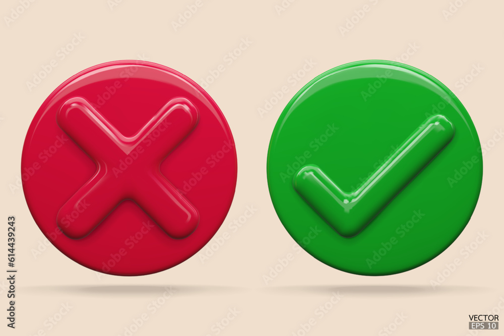 3D green Checkmark and red X mark icon. Checkmark right symbol, tick ...