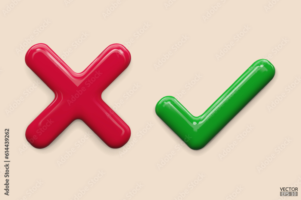 3D green Checkmark and red X mark icon. Checkmark right symbol, tick ...