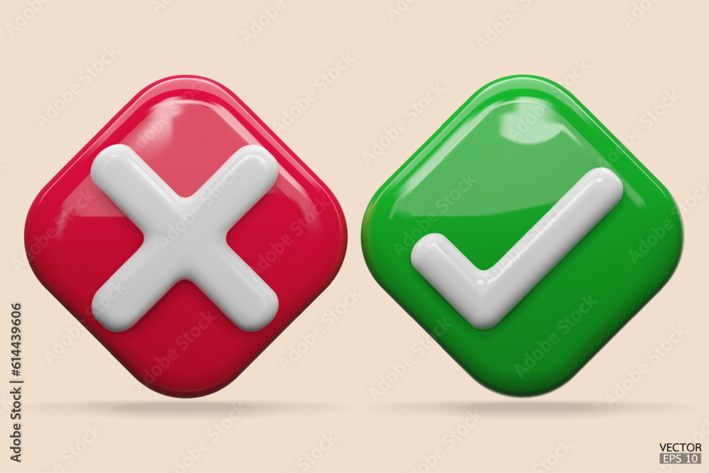 3D green Checkmark and red X mark icon. Checkmark right symbol, tick ...