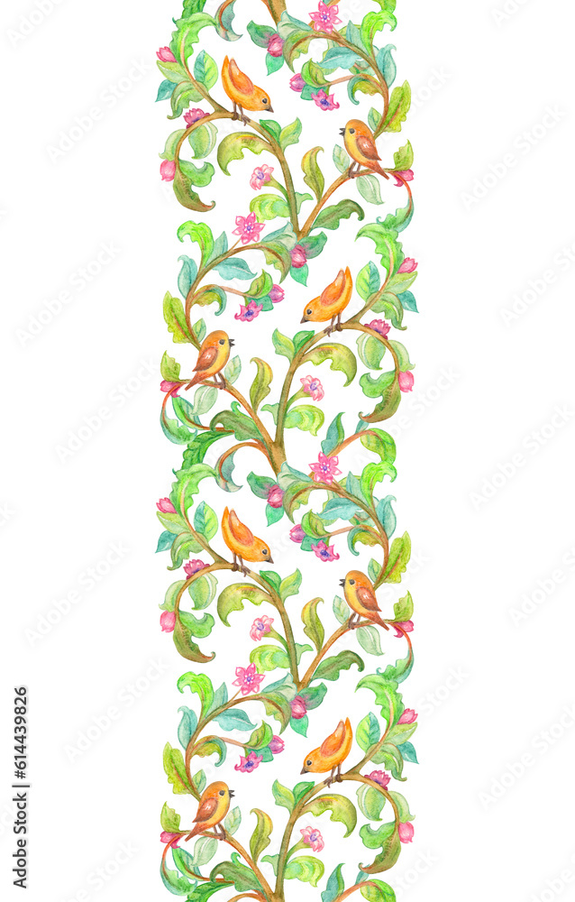 vertical seamless border with watercolor fancy tree with scroll leaves ...