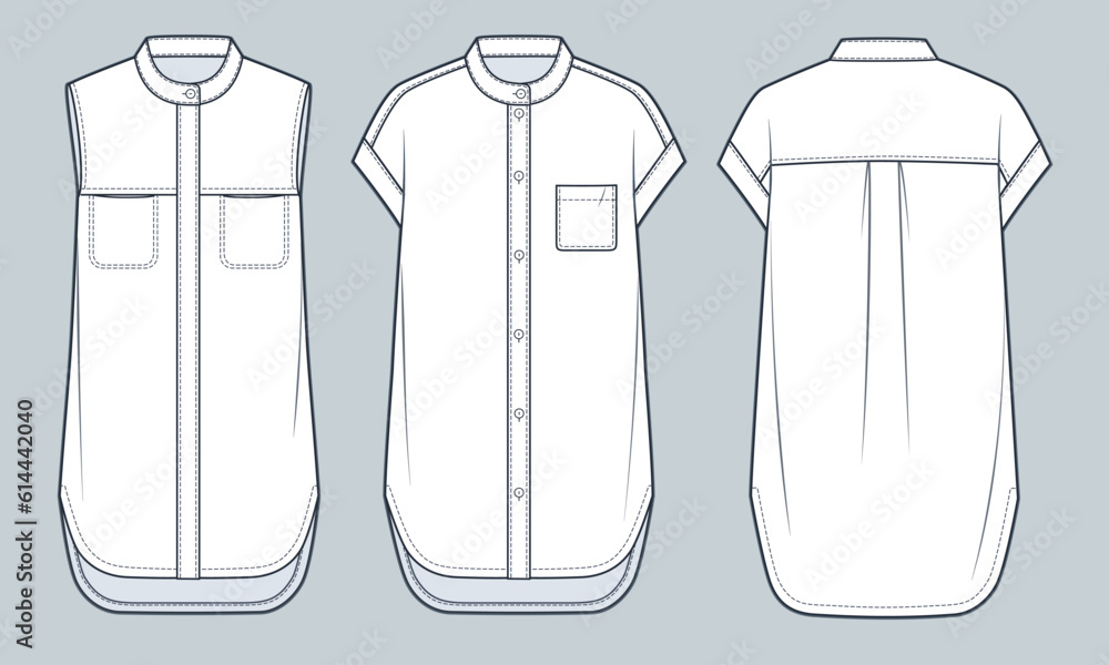 Band Collar Shirts technical fashion Illustration. Sleeveless Button-up ...