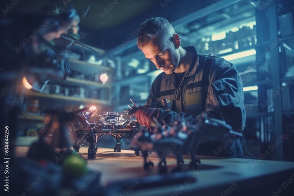 Engineer testing a military-grade drone in laborator Generative AI ...