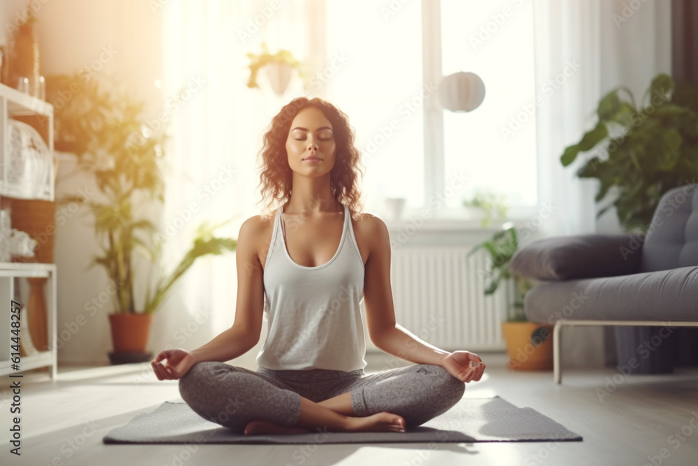 Healthy serene young woman meditating at home with eyes closed ...