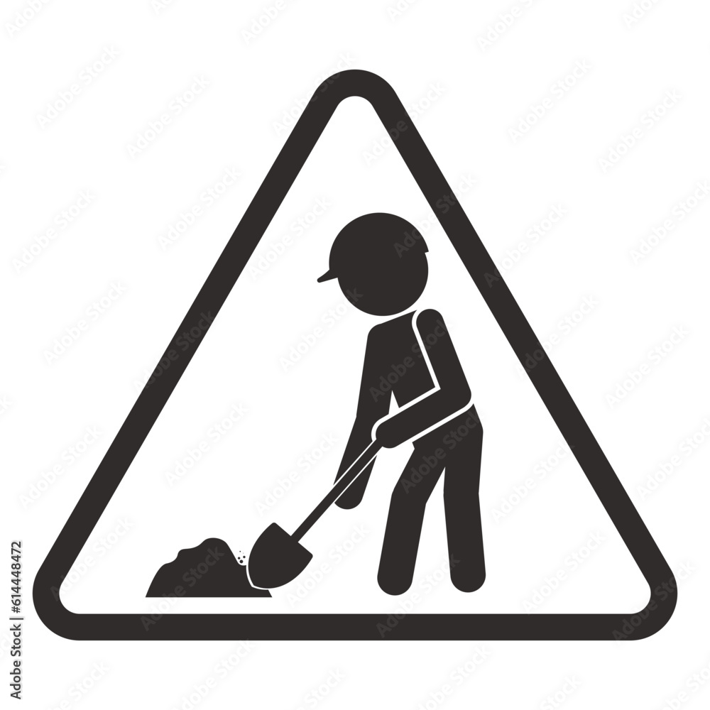 Isolated illustration of black triangle safety sign man shovel dirt ...