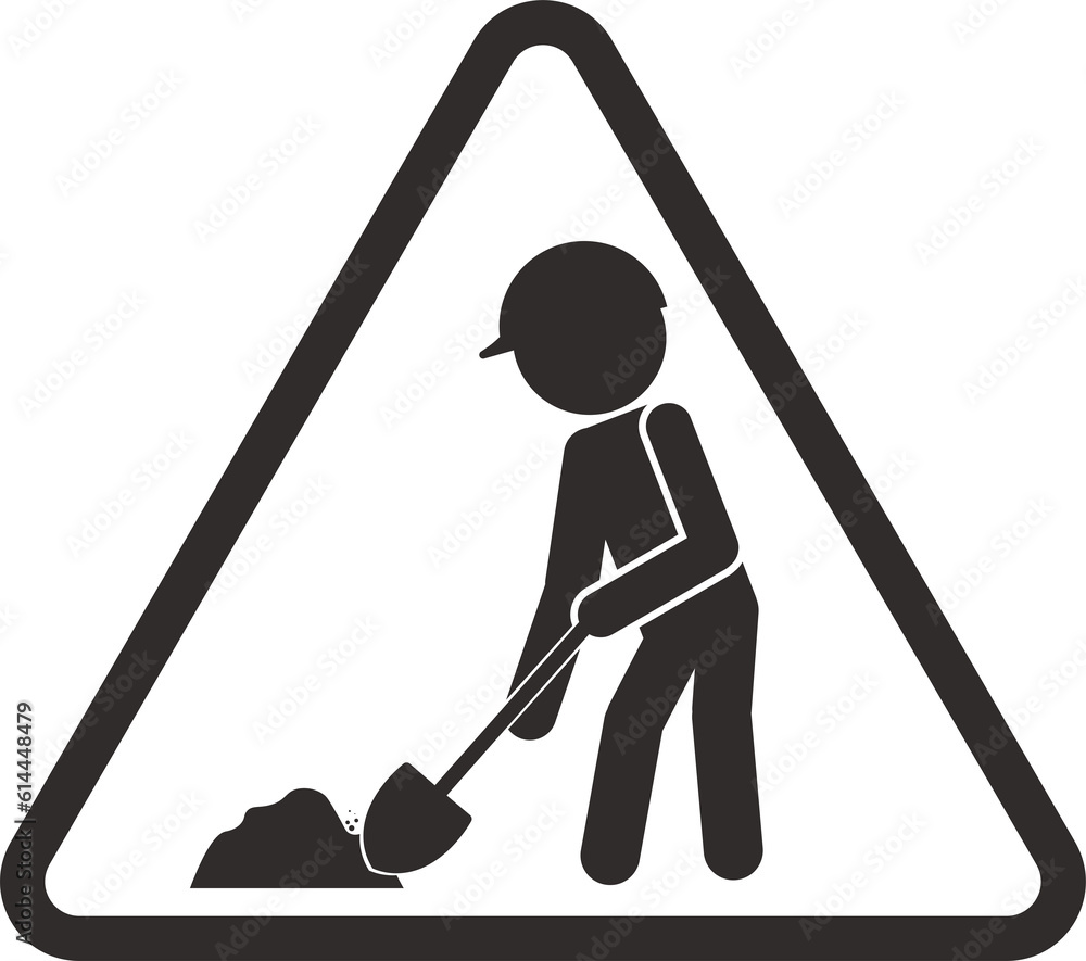 Isolated illustration of black triangle safety sign man shovel dirt ...