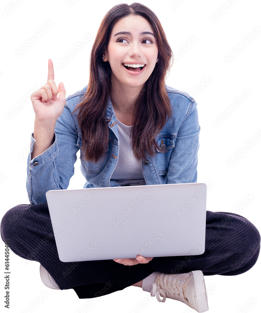 Young woman sitting on floor legs crossed using laptop computer on ...