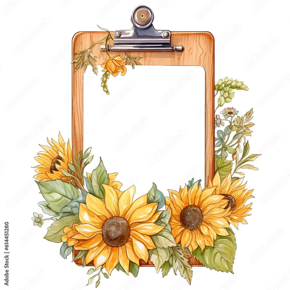 School Clipboard with Sunflowers Watercolor Clipart, Clipboard PNG ...