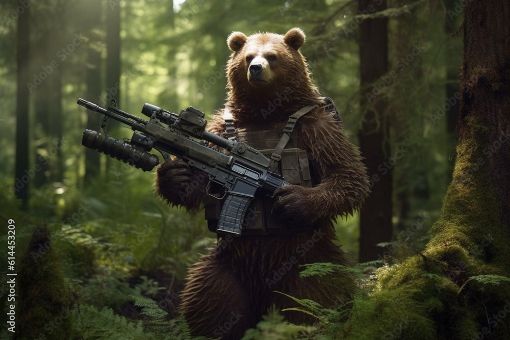 A whimsical and humorous depiction of a bear in the forest, playfully ...