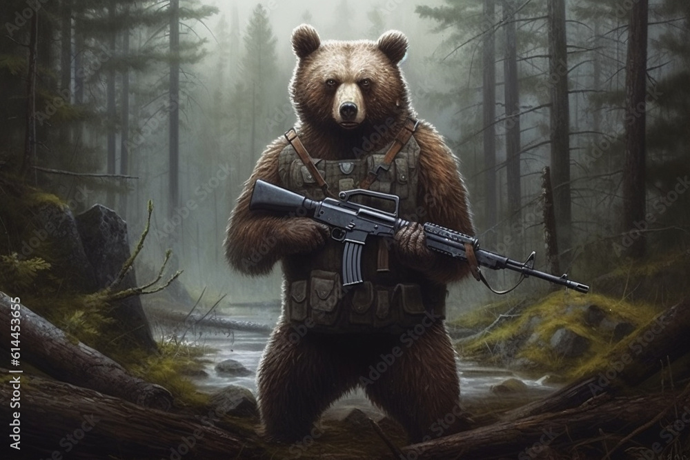 A whimsical and humorous depiction of a bear in the forest, playfully holding a gun, creating an ...