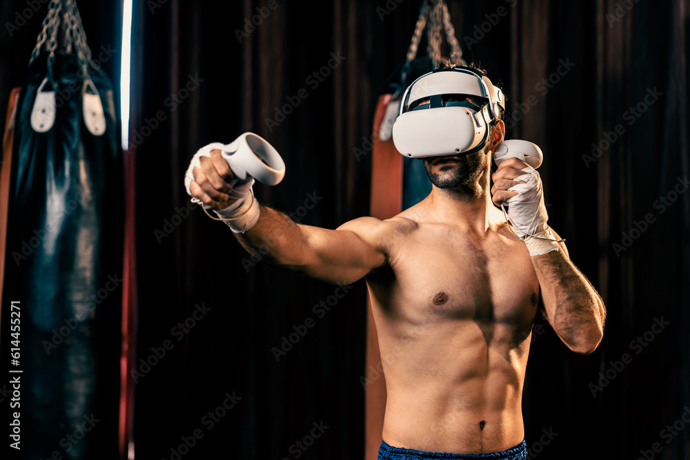 Boxer training utilizing VR technology or virtual reality, wearing VR ...